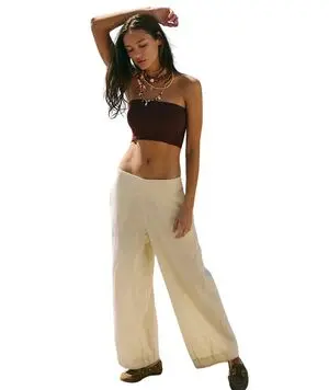 Free People Cotton-Linen Wide Leg Pants - Tea Cookie | Editorialist